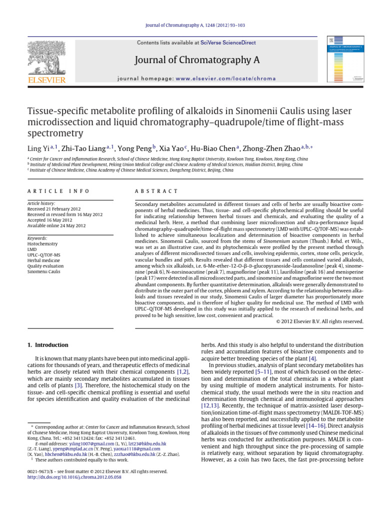 Tissue Specific Metabolite Profiling Of Alkaloids In Sinomenii Caulis