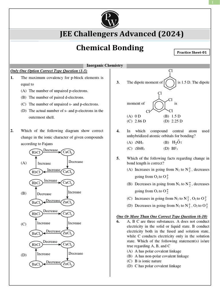 JEE Advanced Chemical Bonding Practice | PDF | Chemical Bond | Covalent ...