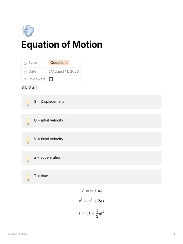 Equation of Motion | PDF | Acceleration | Motion (Physics)