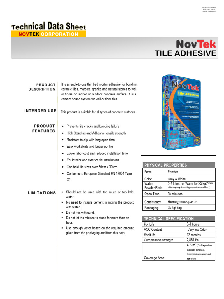 D5 Novtek Premium Tile Adhesive TDS | PDF | Concrete | Physical Sciences D5 Novtek Premium Tile Adhesive TDS | PDF | Concrete | Physical Sciences