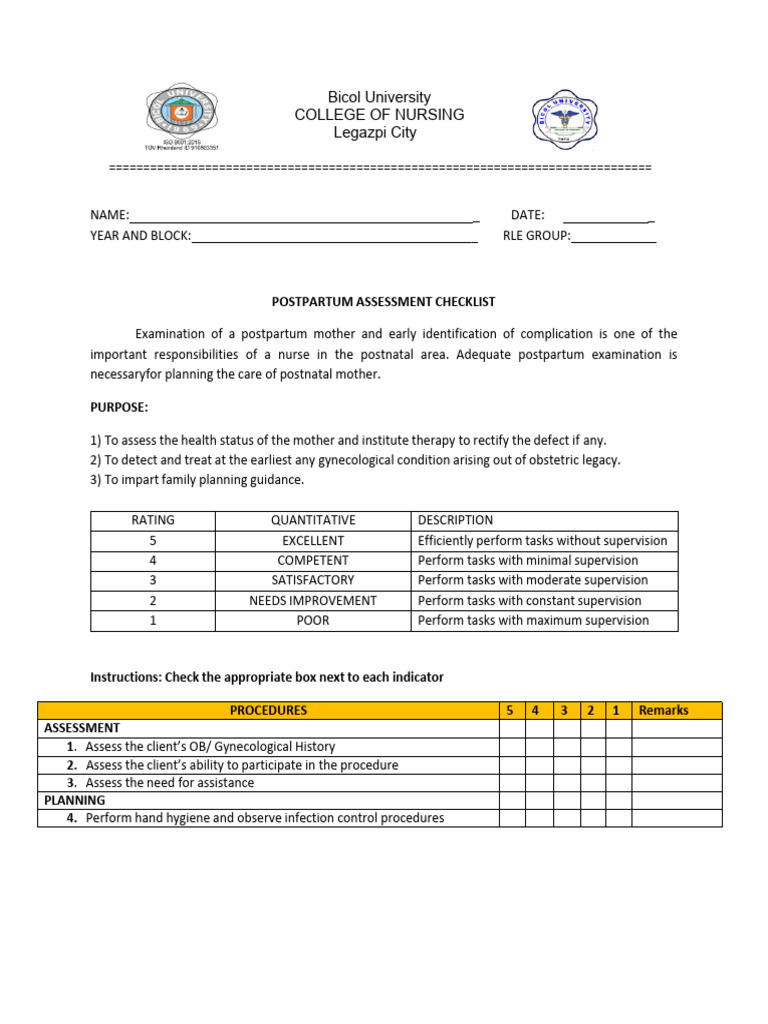 Postpartum Assessment Checklist | PDF | Wellness