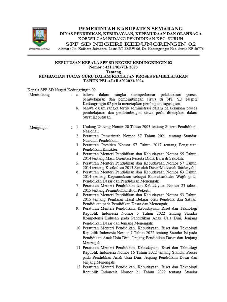 SK Pembagian Tugas Mengajar | PDF