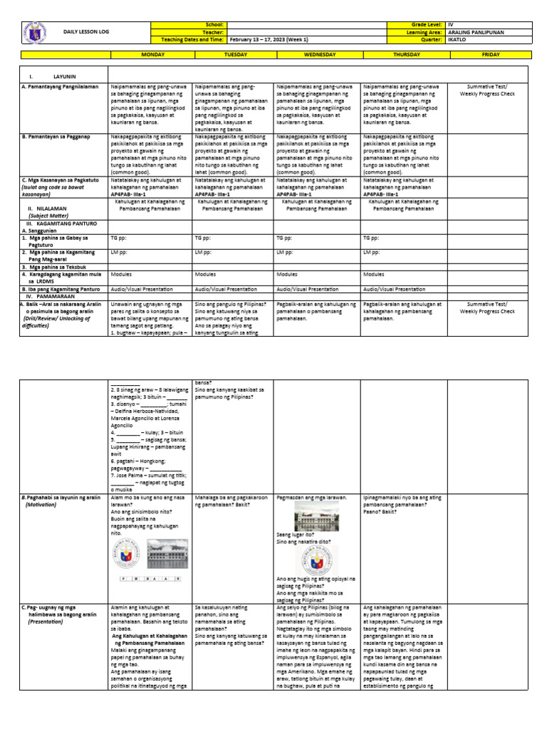 DLL - AP4 - Q3 - W1 Natatalakay Ang Kahulugan at Kahalagahan NG Pamahalaan | PDF