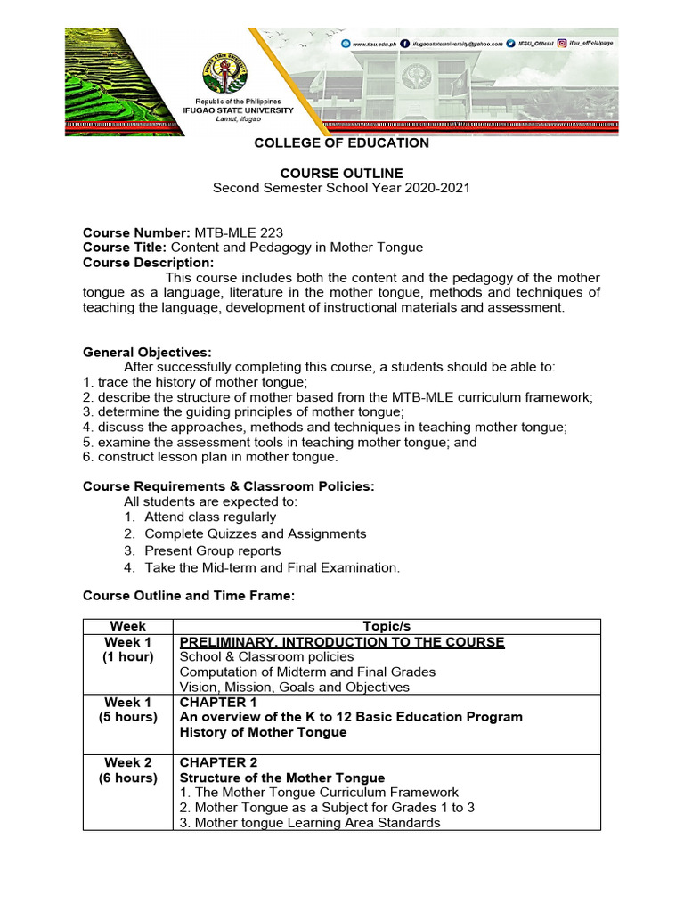 Course Outline (MTB-MLE 223) | PDF