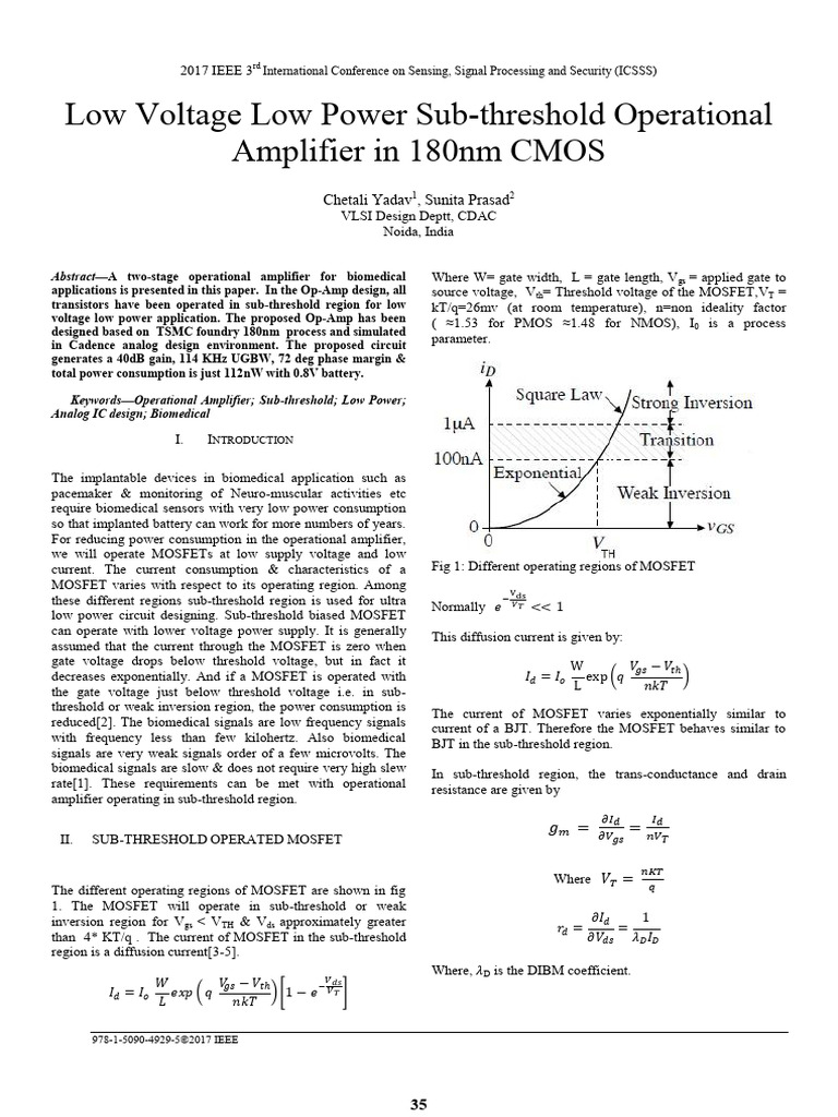 Low Voltage Low Power Sub-Threshold Operational Amplifier in 180nm CMOS | PDF | Mosfet ...