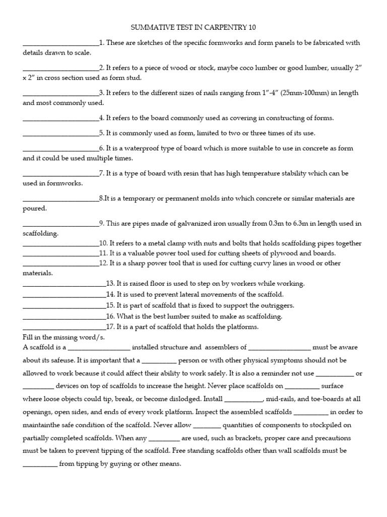 Summative Test in Carpentry 10 - 2 | PDF | Scaffolding | Civil Engineering