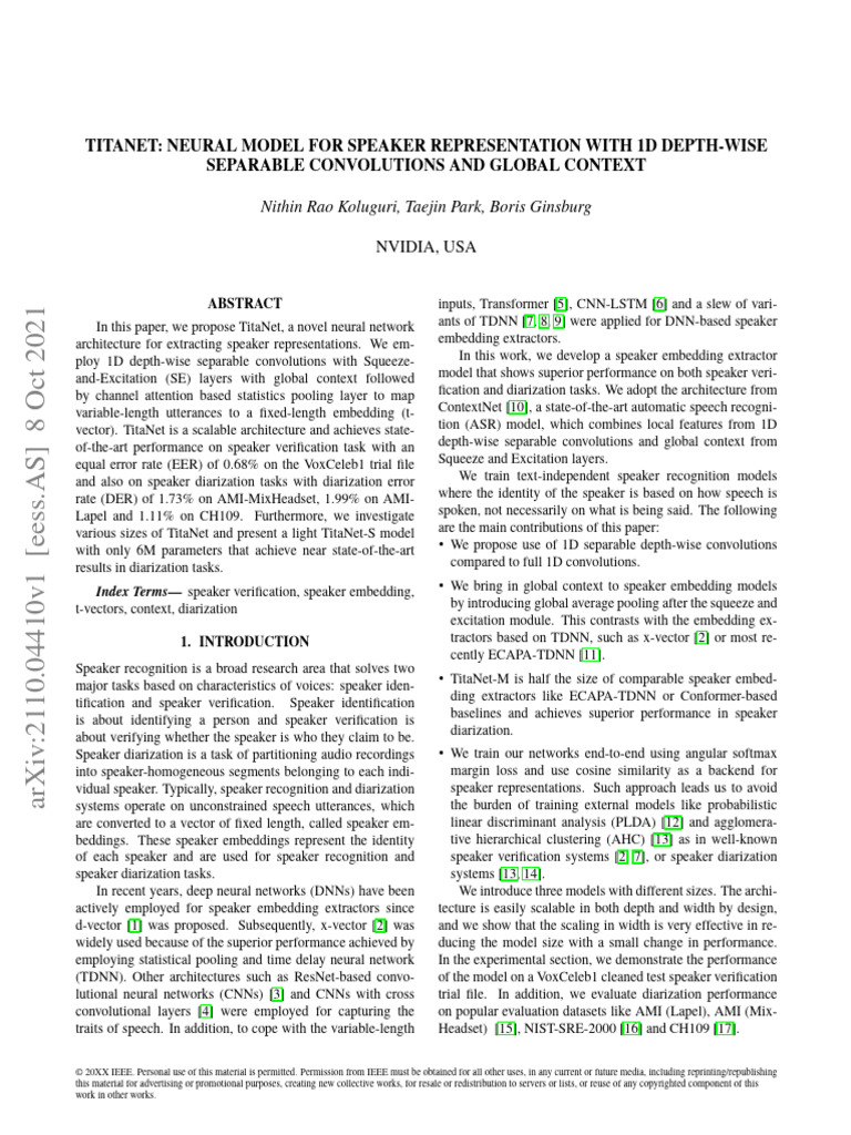 2021-Titanet Neural Model For Speaker Representation With 1D Depth-Wise ... 2021-Titanet Neural Model For Speaker Representation With 1D Depth-Wise ...