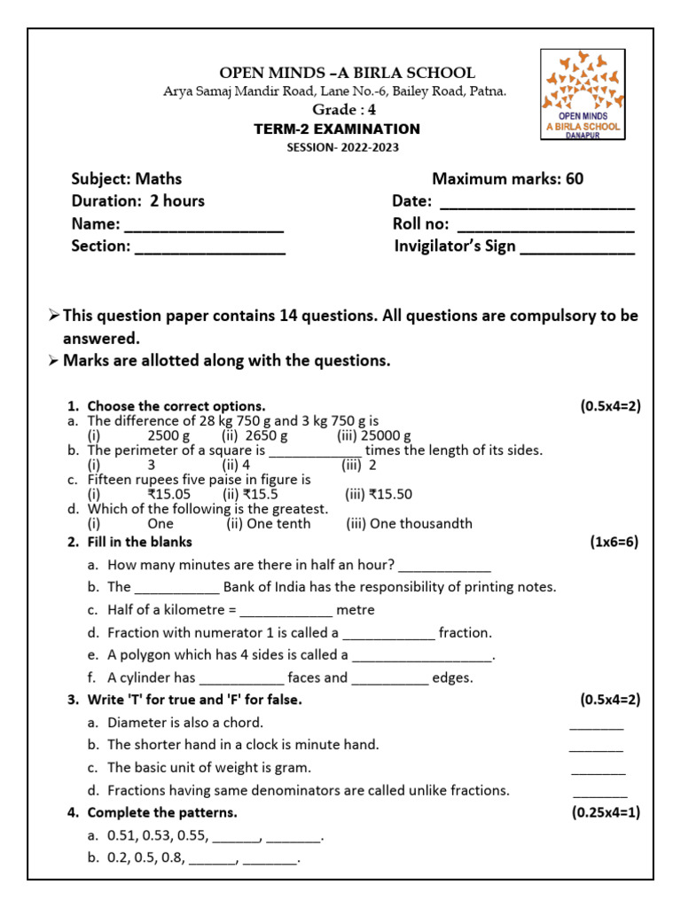 g4 Term-2 Maths Question Paper | PDF | Elementary Geometry | Elementary ...