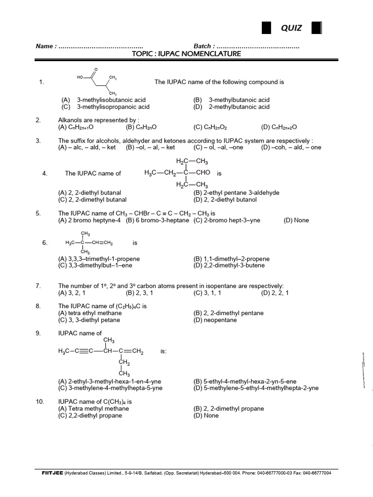 Iupac Nomenclature Quiz | PDF | Methyl Group | Organic Chemistry