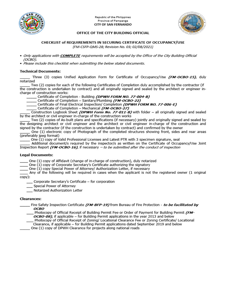 1 Requirements Checklist Certificate of Occupancy | PDF | Notary Public