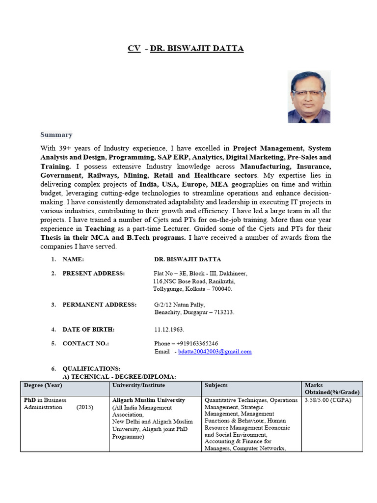 CV - Dr. Biswajit Datta - 19.01.2024 | PDF | Engineering | Business