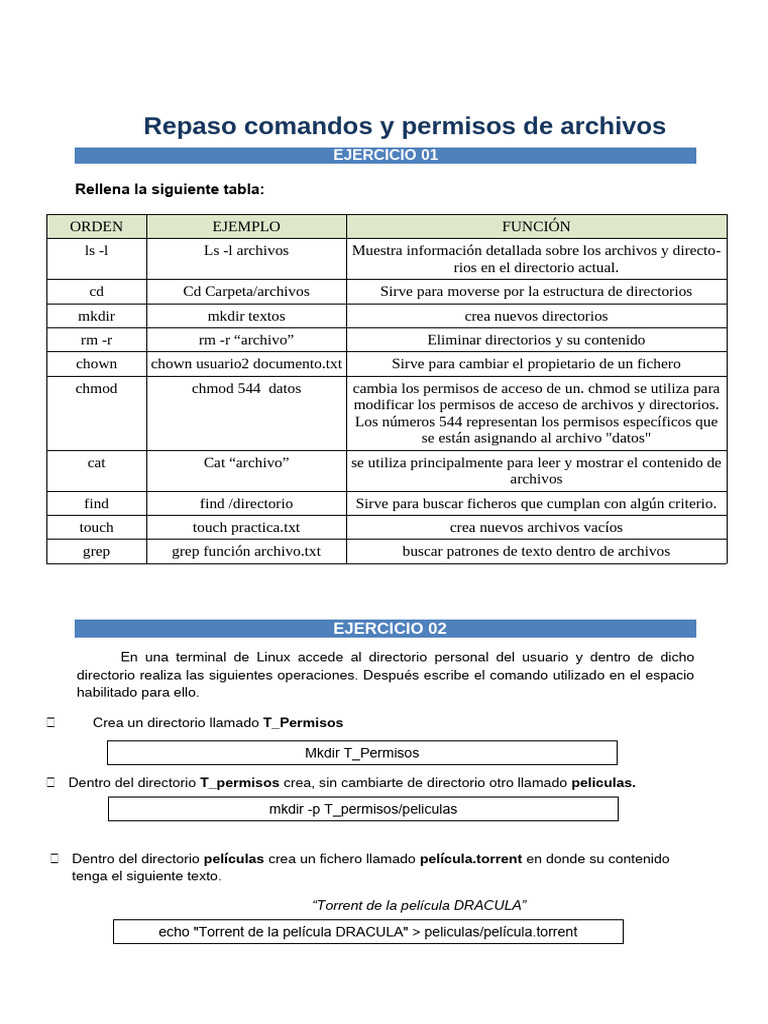 Repaso Comandos y Permisos de Archivos: Rellena La Siguiente Tabla | PDF | Archivo de ...