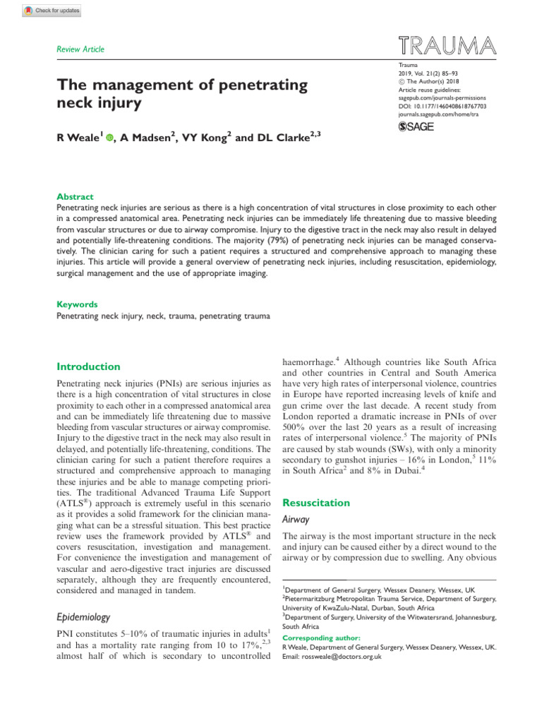 2019 - 04 - 01 Trauma The Management of Penetrating Neck Injury | PDF