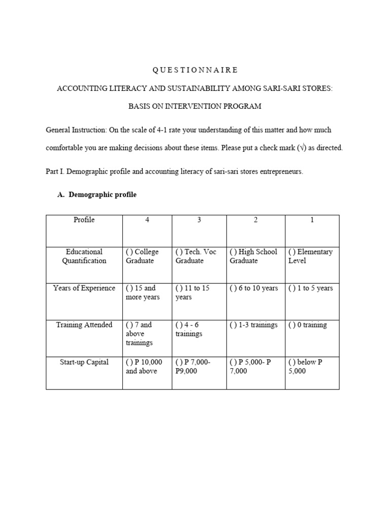 Questionnaire of Accounting Literacy Among Sari-Sari Store | PDF ...