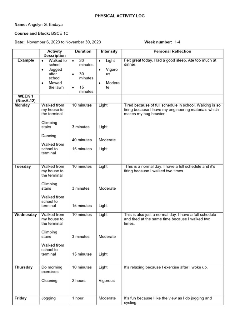 Physical Activity Log | PDF | Determinants Of Health | Physical Exercise