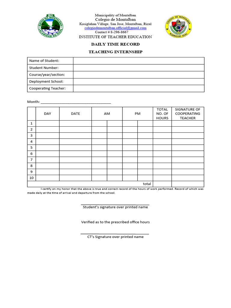 Teaching Internship Daily Time Record | PDF