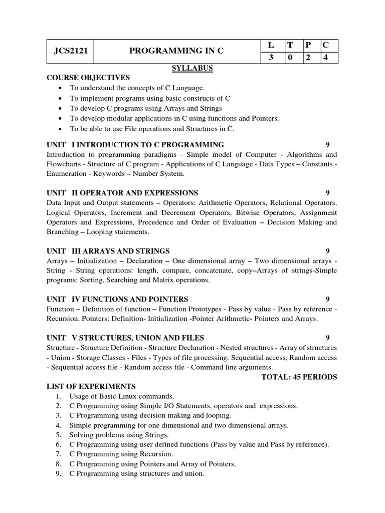 Jcs2121 Prog In C Syllabus Pdf C Programming Language Computer Program