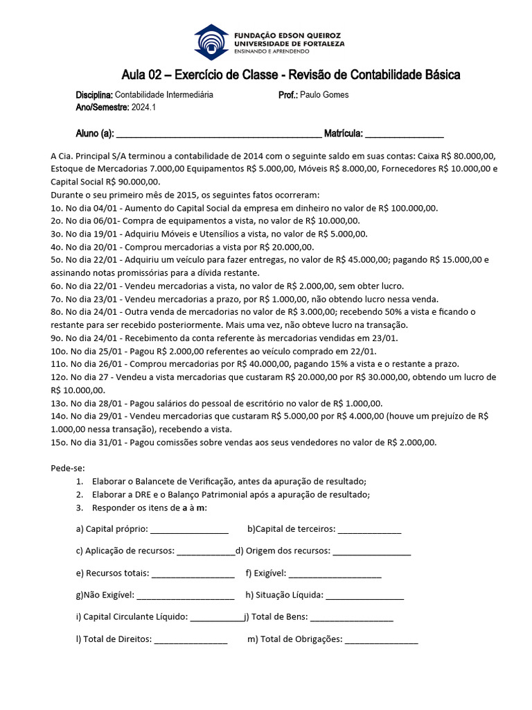 Aula 02 Exercício de ClasseCasa - Revisão de Contabilidade Básica | PDF ...