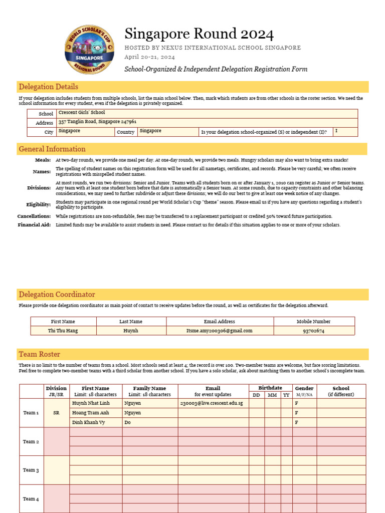 Singapore Round 2024 Registration Form | PDF
