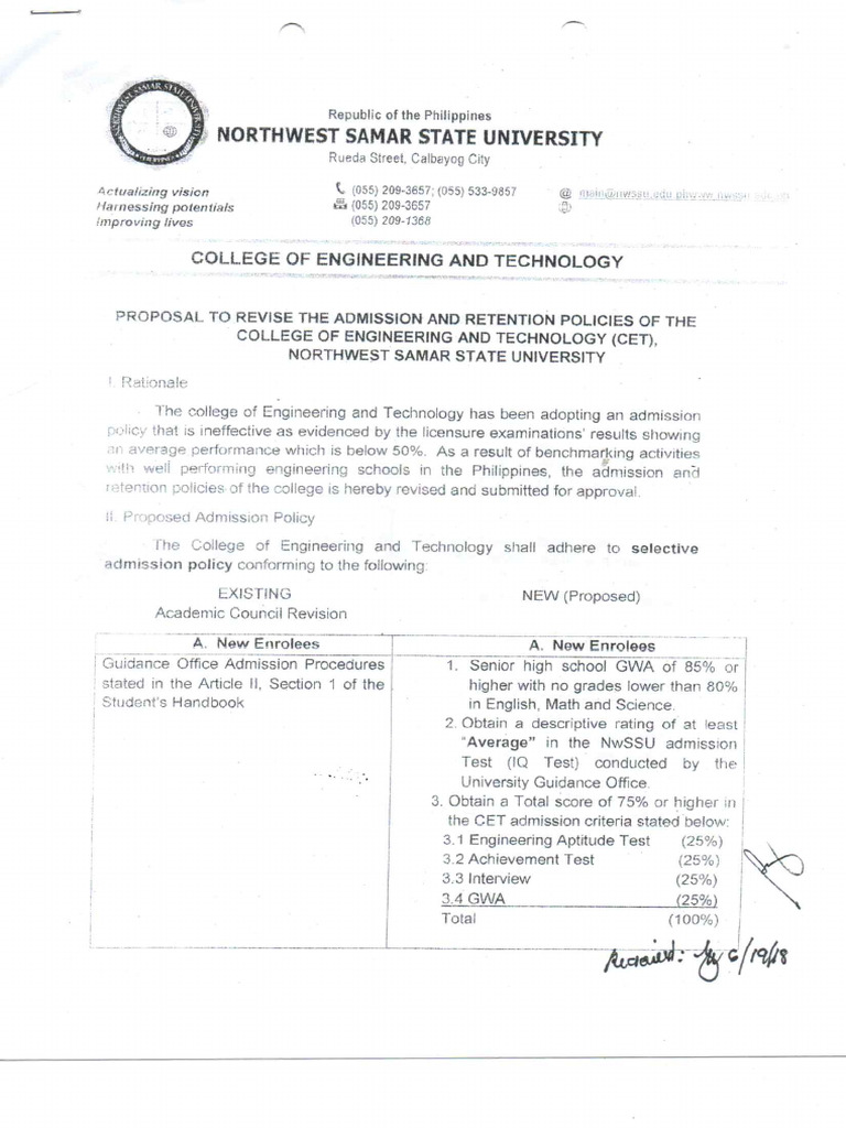 Revised Admission Policy for NWSSU Engineering | PDF