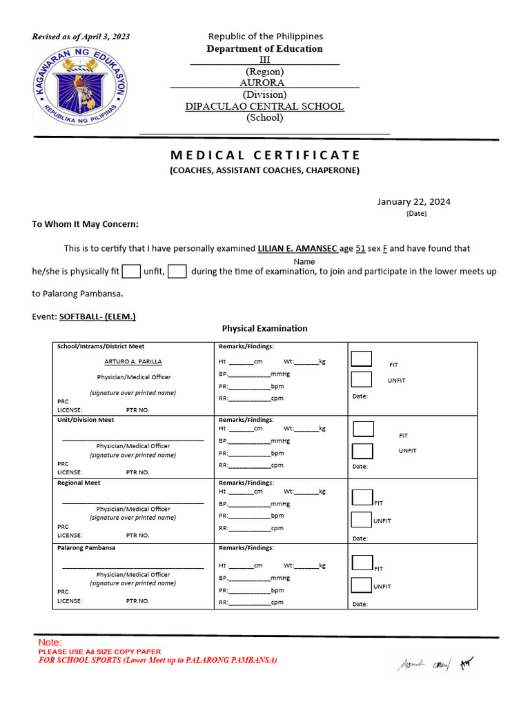Medical Certificate For Coaches Asst. Coaches Chaperons | PDF ...