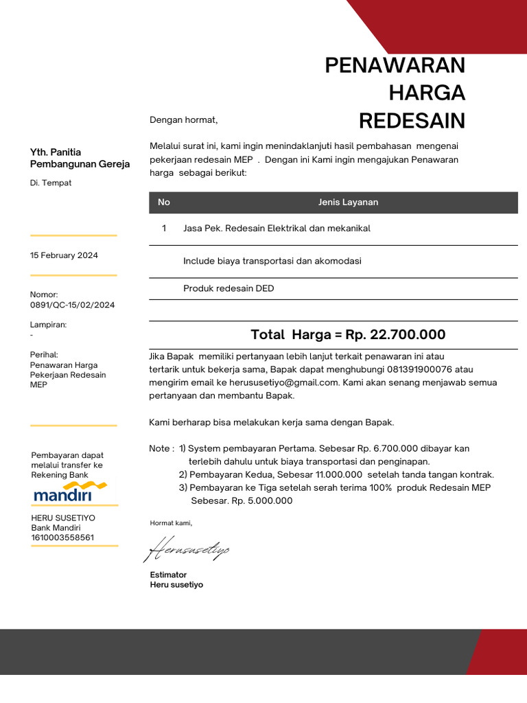 Penawaran Harga Redesain MEP | PDF