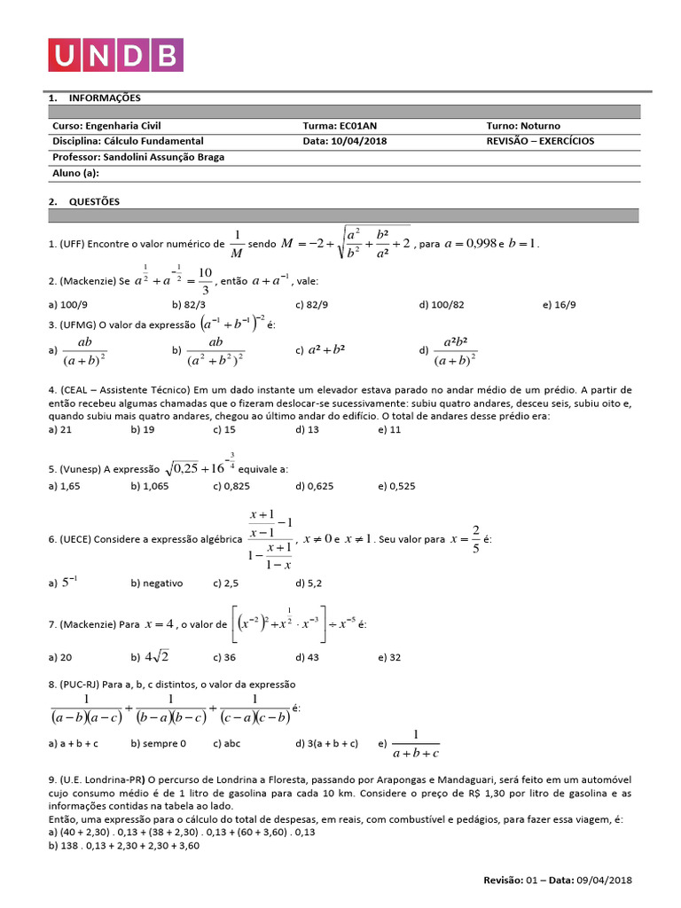 Exercícios - Matemática Básica 1 | PDF