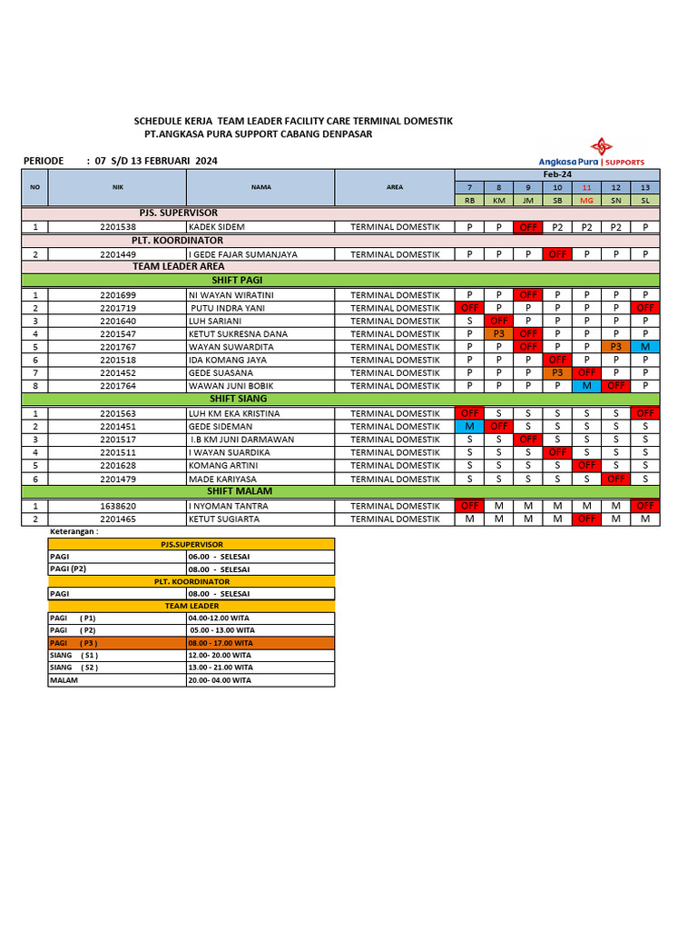 Schedule Kerja Team Leader & Facility Care Periode, 07 - 13 Februari ...