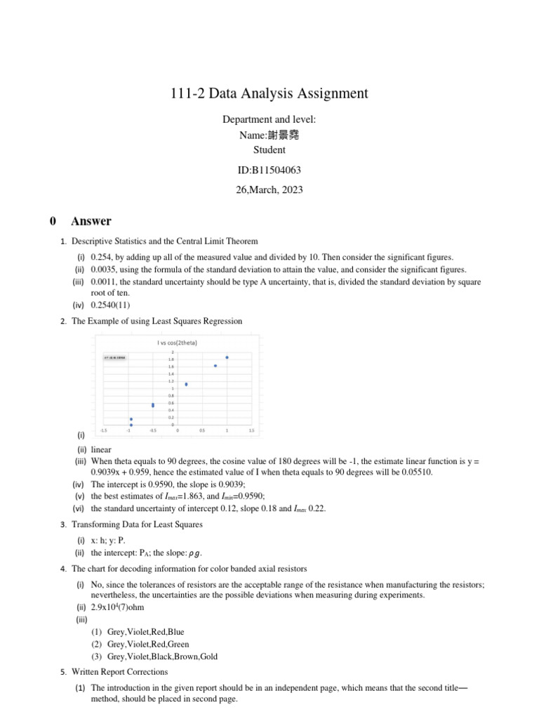 111 2 Data Analysis Assignment Answer Sheet Pdf Resistor Least Squares 