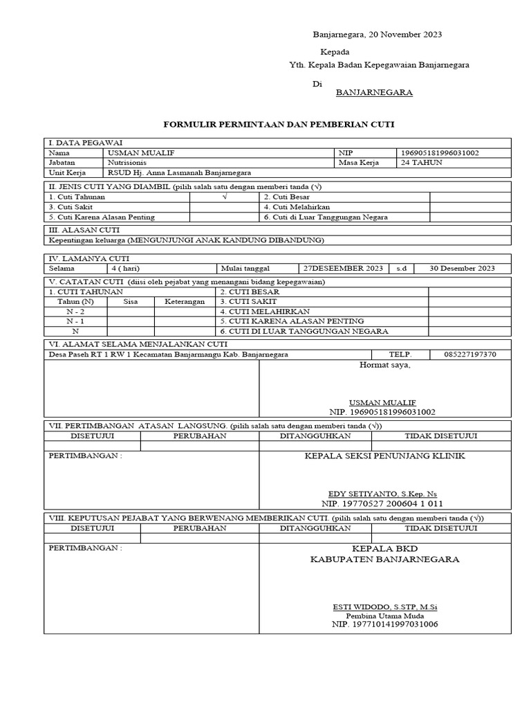 Formulir Cuti Pegawai RSUD | PDF
