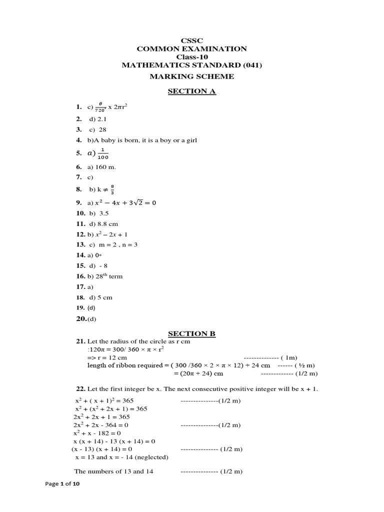 Mathematics Standard (041) Key - Set A | PDF