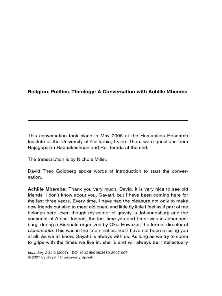 Mbembe Et Al - Religion, Politics, Theology - A Conversation With ...