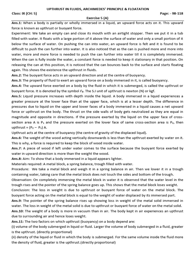 Ch. 5 Upthrust in Fluids | PDF | Buoyancy | Fluid Mechanics