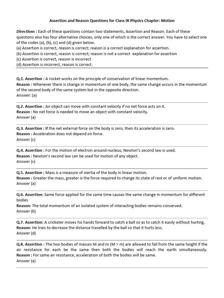 Class IX Ch. Laws of Motion Assertion & Reasoning Question | PDF | Force | Newton's Laws Of Motion