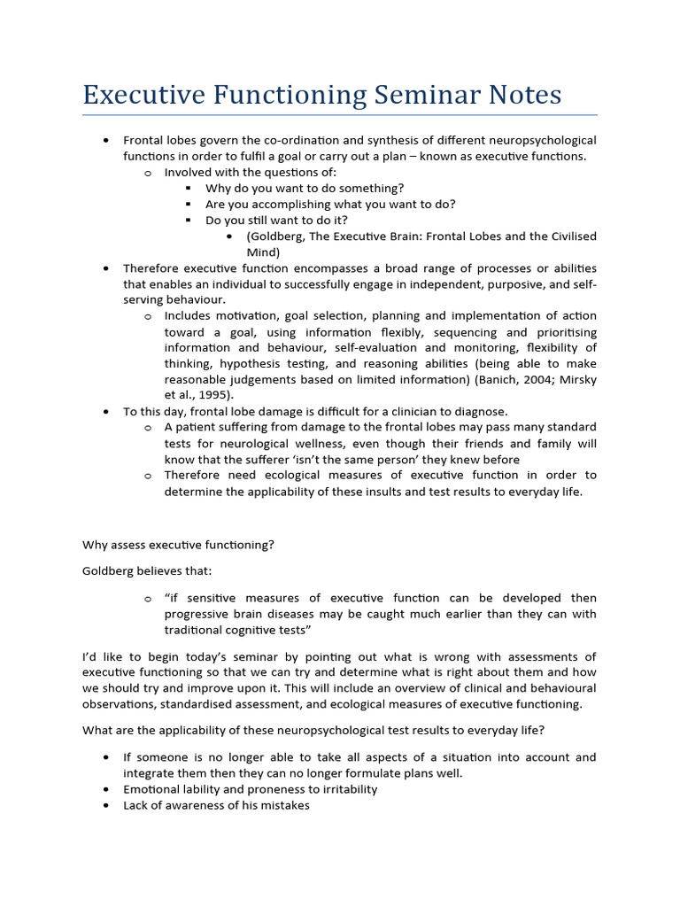 Executive Function Assessment Notes | PDF