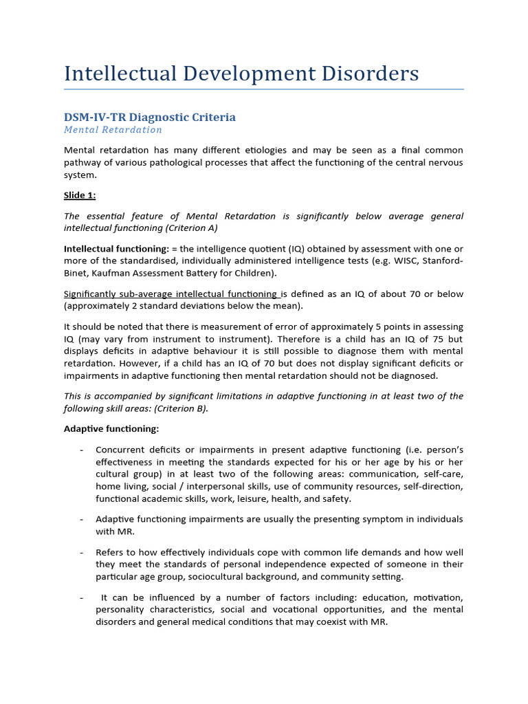 DSM Criteria for Intellectual Disorders | PDF | Intellectual Disability ...