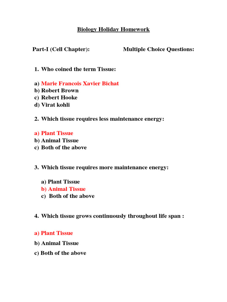Bio Holiday Homework (Tissues Chapter) | PDF | Tissue (Biology) | Zoology