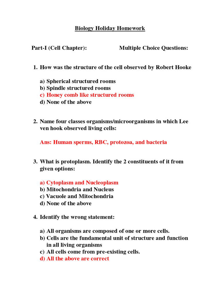 Bio Holiday Homework (Cell Chapter) | PDF