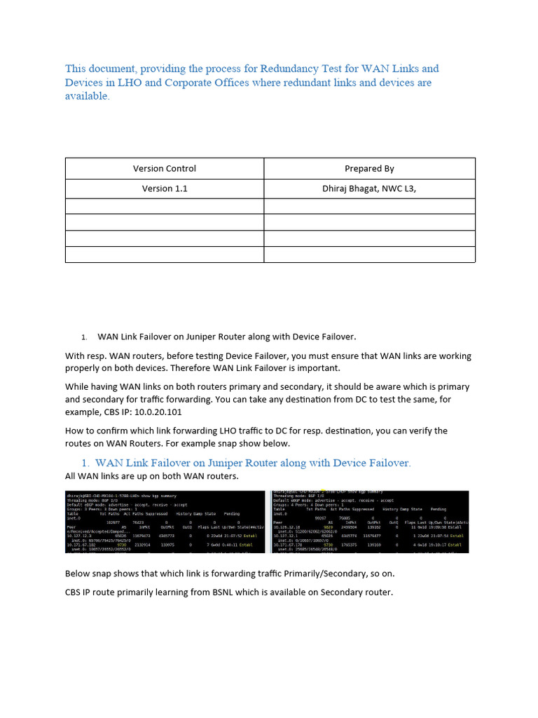 SOP For LHO WAN Link and Device Redudancy Failover - V1.1 | PDF | Router (Computing) | Computer ...