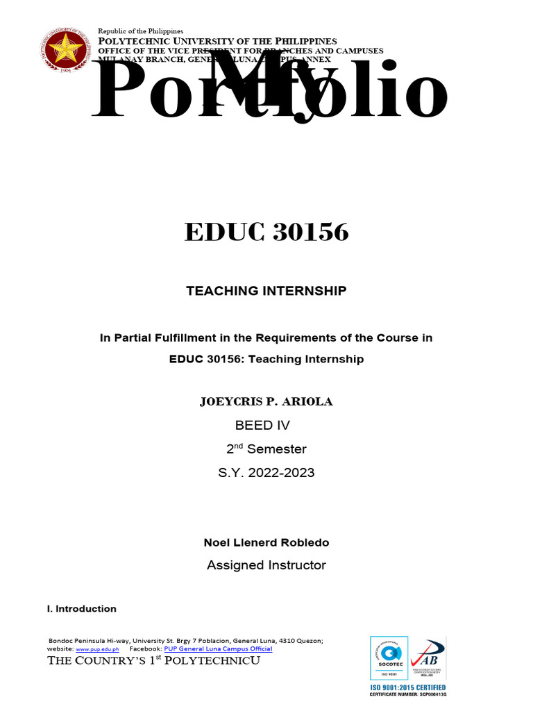 Teaching Internship Portfolio Overview | PDF | Teachers | Learning
