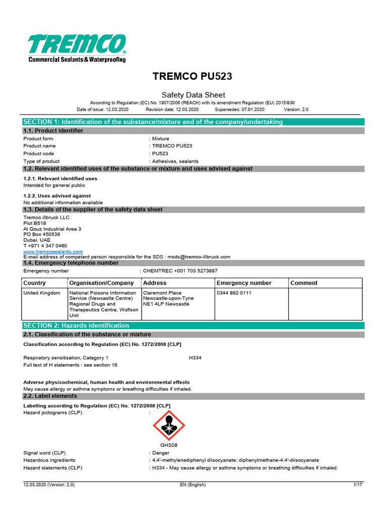 PU523 MSDS - Tremco | PDF | Occupational Safety And Health | Safety