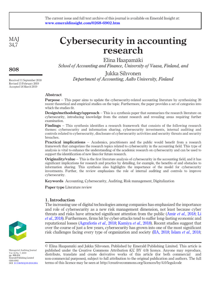 Cybersecurity in Accounting Research | PDF | Computer Security | Security
