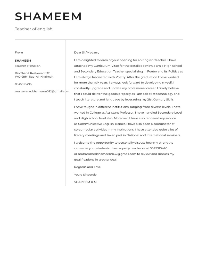 Shameem - Cover Letter | PDF | Language Arts & Discipline | Foreign ...