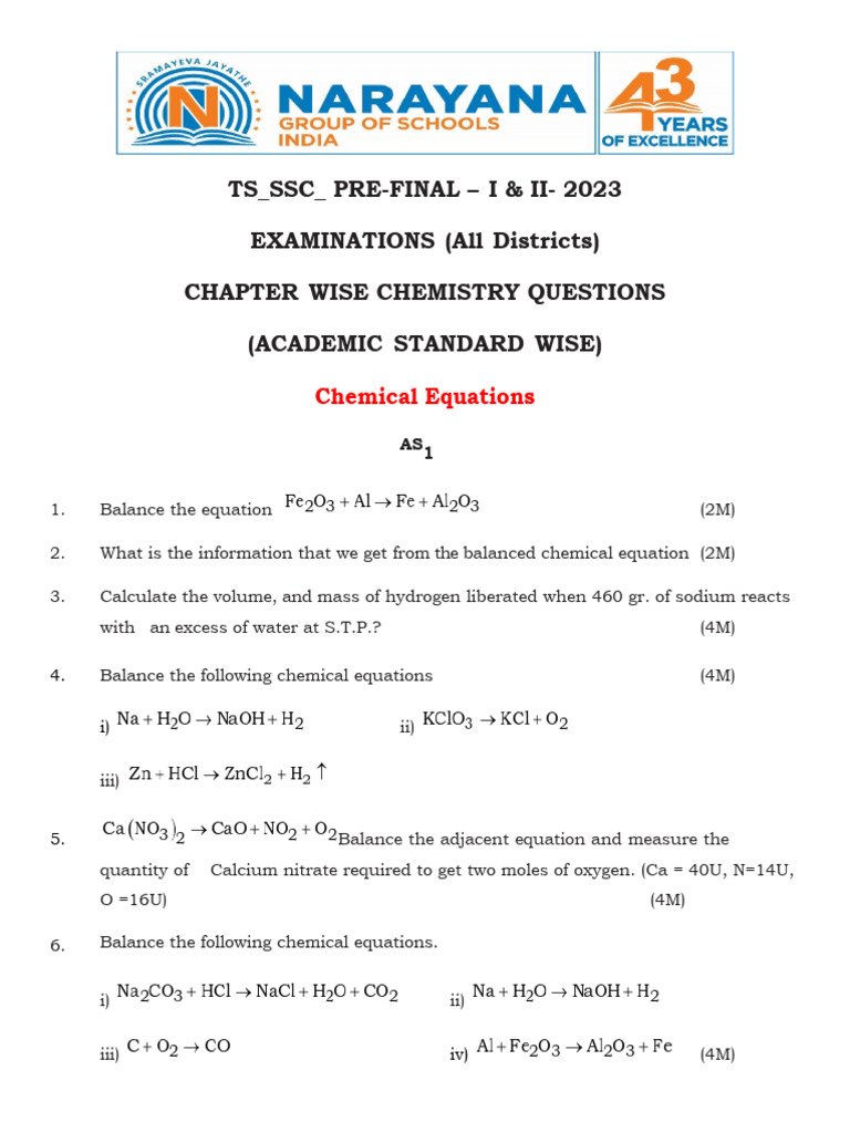 TS - X Chemistry All DCEB Papers Chapter Wise Academic Standard Wise Prefinal - I & 2 Questions ...