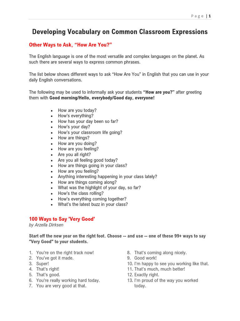 Vocabulary On Common Classroom Expressions | PDF