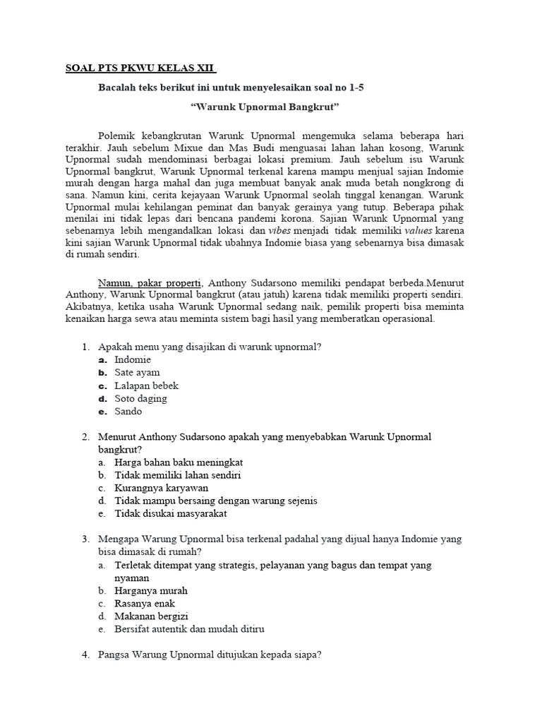 Soal Pts Pkwu Kelas Xii Literasi Numerasi | PDF