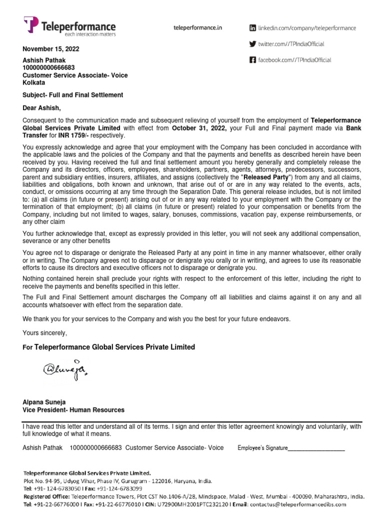 Full and Final Settlement Agreement | PDF | Employment | Labor