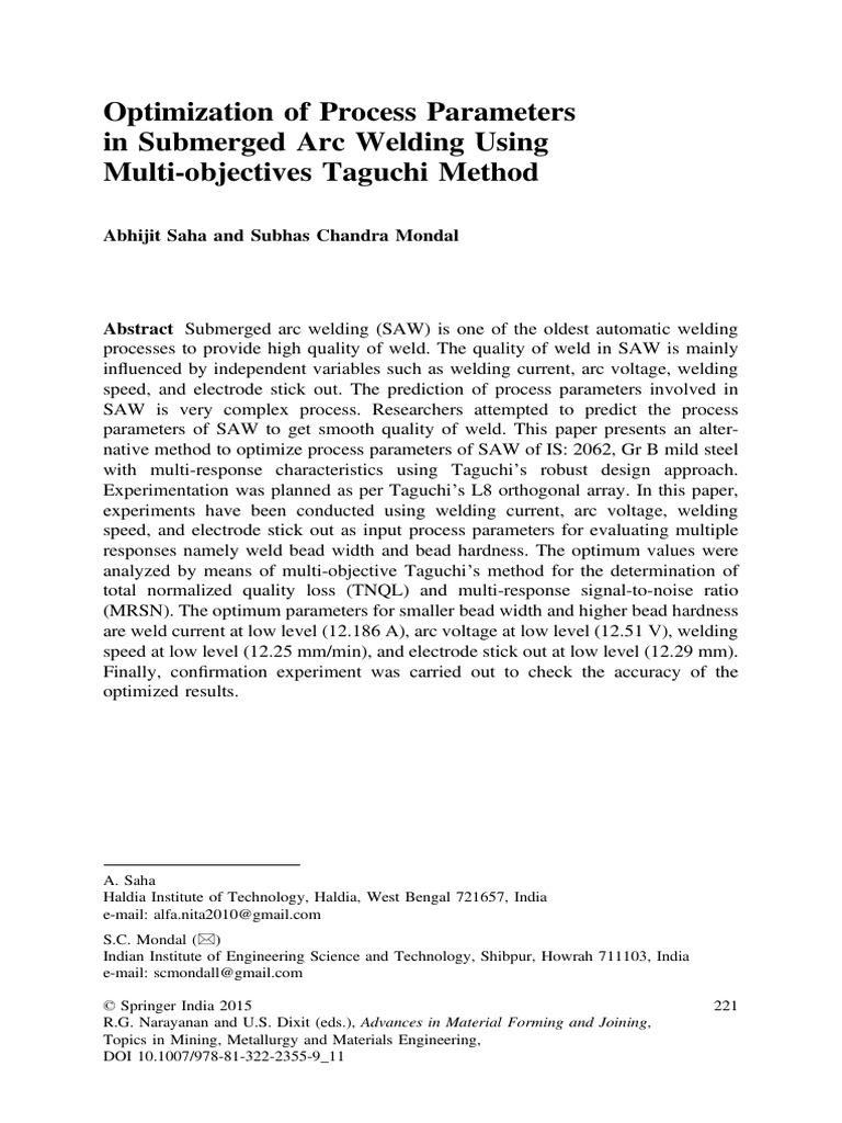 Optimization of Process Parameters in Submerged Arc Welding Using Multi-Objectives Taguchi ...