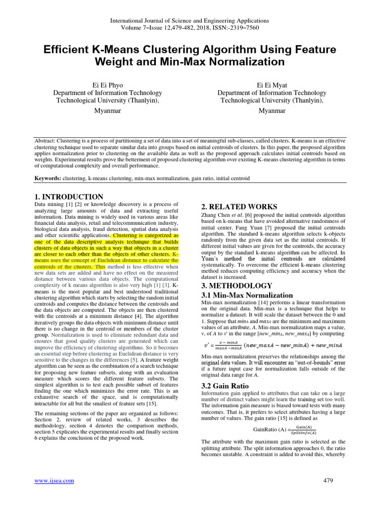 Efficient K Means Clustering Algorithm Using Feature Weight And Min Max Normalization Pdf