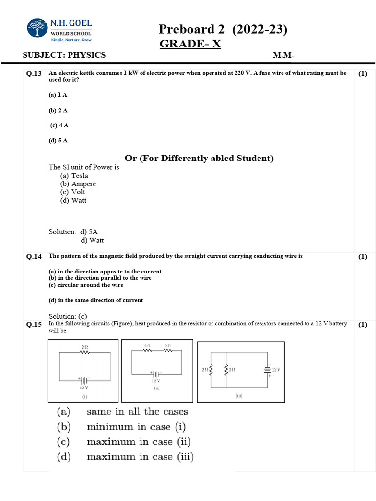 Pre Board 2 MS PHY CLASS X 2022 - Copy - Copy Copy 2 | PDF | Electrical Resistance And ...